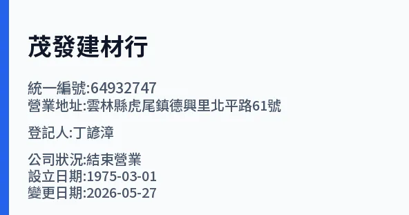 茂發建材行的照片-統編 64932747(雲林縣) 公司登記資料與營業項目詳細圖表