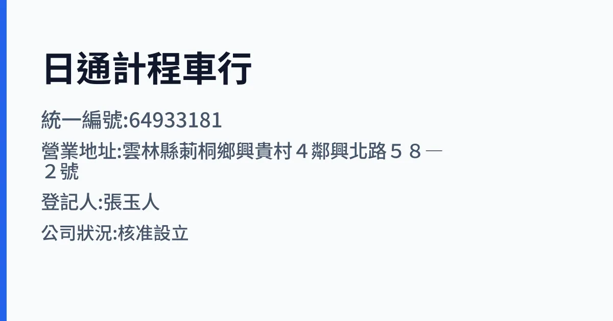 日通計程車行 - 統編 64933181(雲林縣) 公司登記資料與營業項目詳細圖表