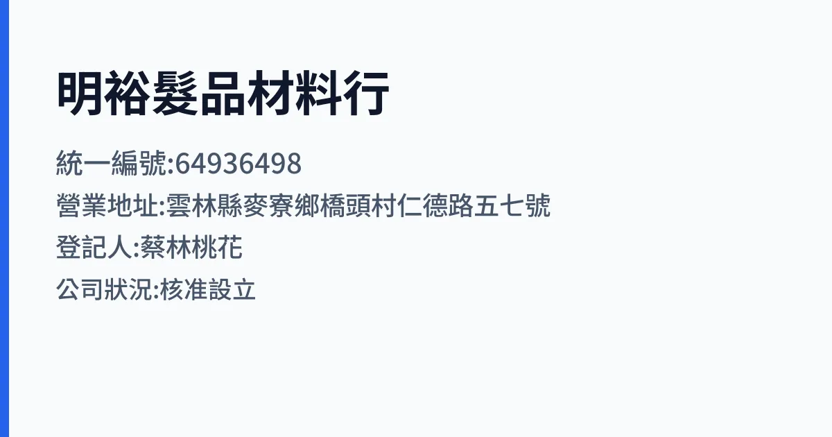 明裕髮品材料行 - 統編 64936498(雲林縣) 公司登記資料與營業項目詳細圖表