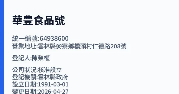 華豊食品號的照片-統編 64938600(雲林縣) 公司登記資料與營業項目詳細圖表
