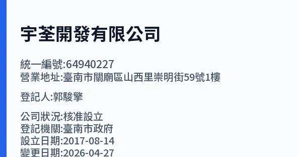 宇荃開發有限公司的照片-統編 64940227(臺南市) 公司登記資料與營業項目詳細圖表
