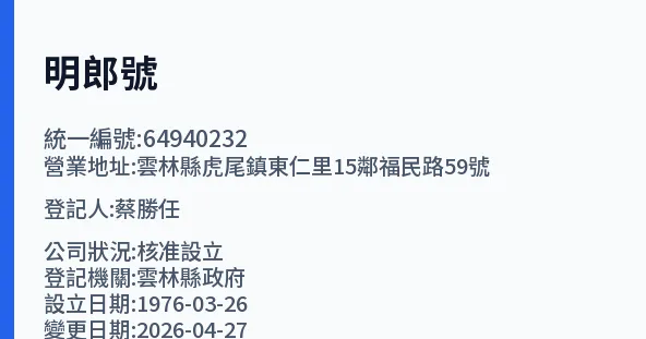 明郎號的照片-統編 64940232(雲林縣) 公司登記資料與營業項目詳細圖表