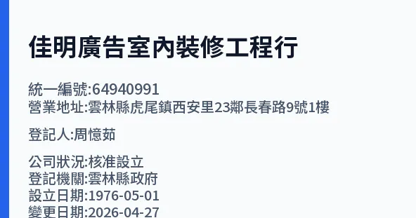 佳明廣告室內裝修工程行的照片-統編 64940991(雲林縣) 公司登記資料與營業項目詳細圖表