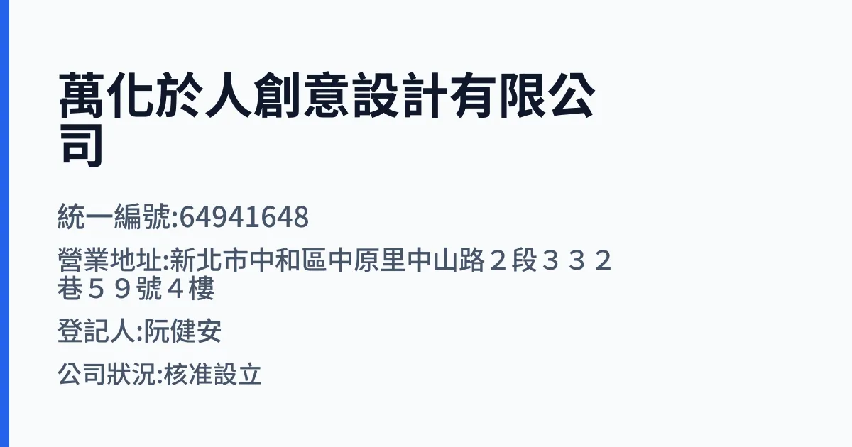 萬化於人創意設計有限公司 - 統編 64941648（新北市） 公司登記資料與營業項目詳細圖表