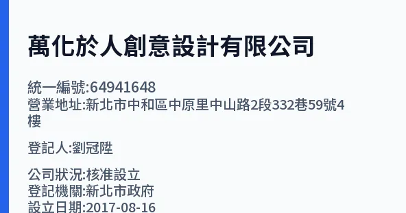 萬化於人創意設計有限公司的照片-統編 64941648(新北市) 公司登記資料與營業項目詳細圖表