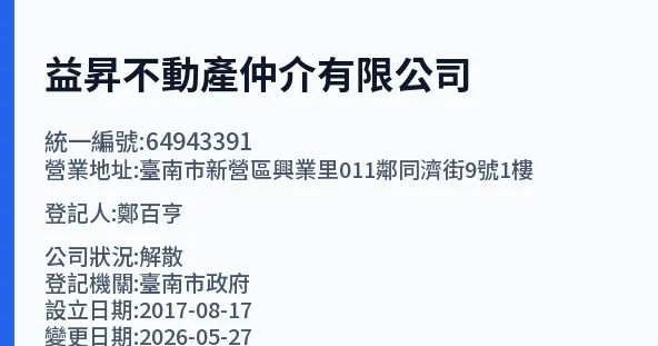 益昇不動產仲介有限公司的照片-統編 64943391(臺南市) 公司登記資料與營業項目詳細圖表