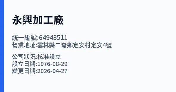 永興加工廠的照片-統編 64943511(雲林縣) 公司登記資料與營業項目詳細圖表