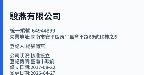 駿燕有限公司的照片-統編 64944899(臺南市) 公司登記資料與營業項目詳細圖表