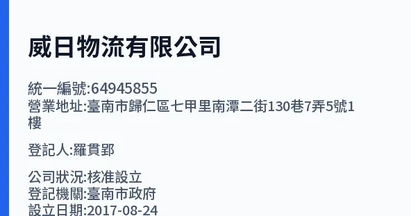 威日物流有限公司的照片-統編 64945855(臺南市) 公司登記資料與營業項目詳細圖表