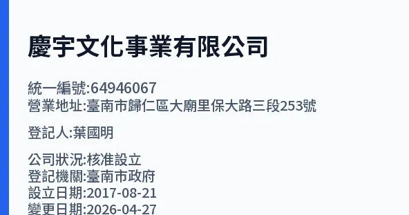 慶宇文化事業有限公司的照片-統編 64946067(臺南市) 公司登記資料與營業項目詳細圖表