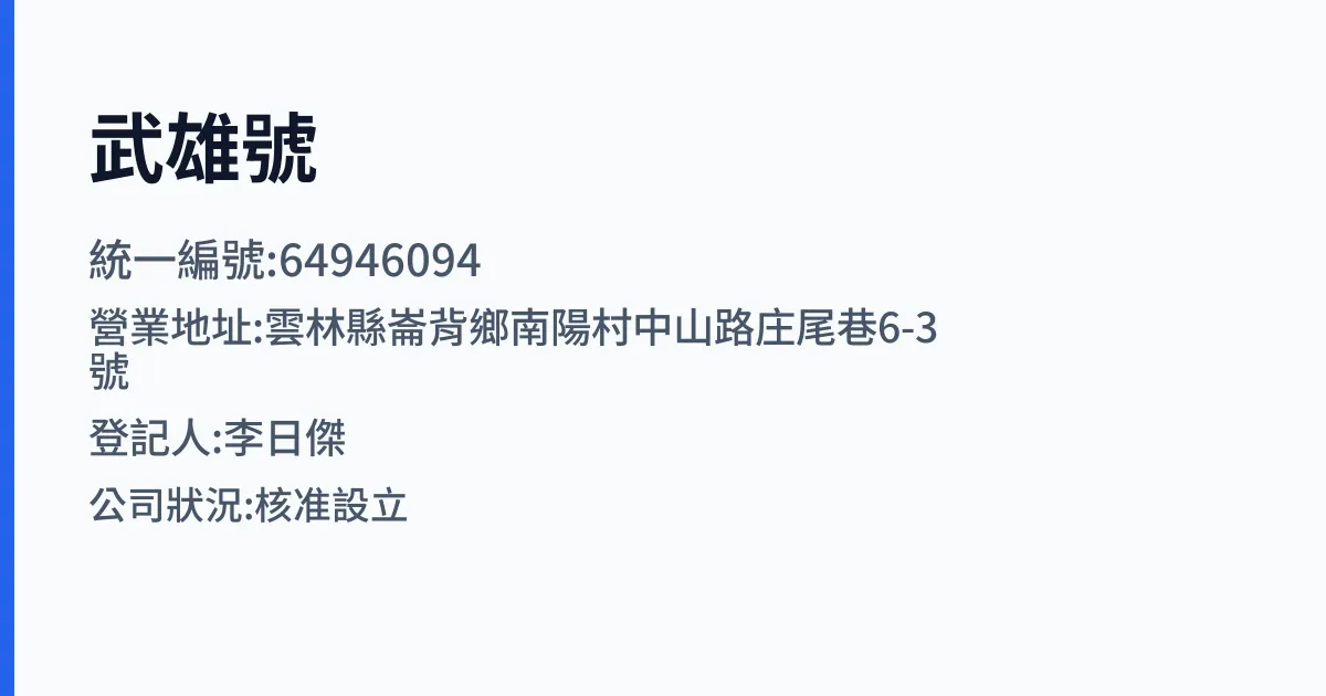 武雄號 - 統編 64946094(雲林縣) 公司登記資料與營業項目詳細圖表