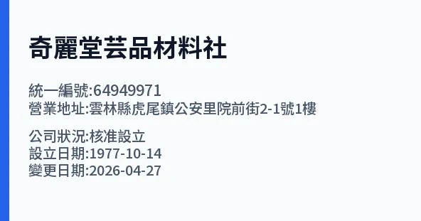 奇麗堂芸品材料社的照片-統編 64949971(雲林縣) 公司登記資料與營業項目詳細圖表