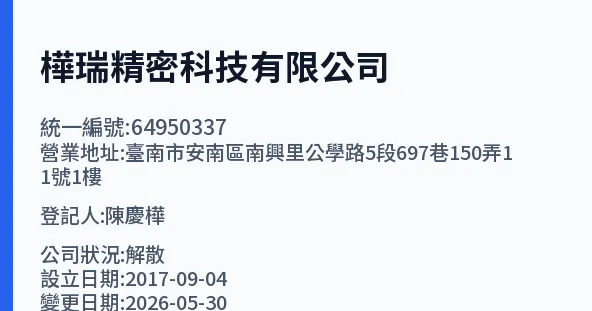 樺瑞精密科技有限公司的照片-統編 64950337(臺南市) 公司登記資料與營業項目詳細圖表