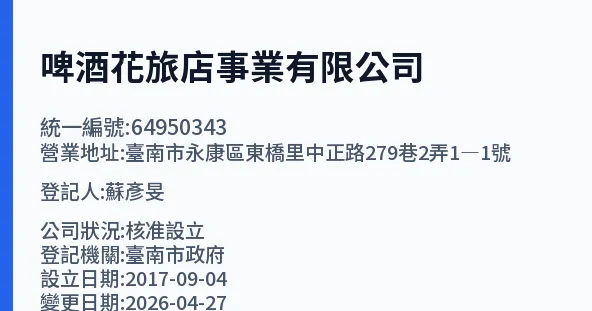 啤酒花旅店事業有限公司的照片-統編 64950343(臺南市) 公司登記資料與營業項目詳細圖表
