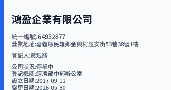 鴻盈企業有限公司的照片-統編 64952877(嘉義縣) 公司登記資料與營業項目詳細圖表