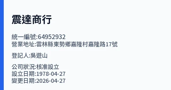 震達商行的照片-統編 64952932(雲林縣) 公司登記資料與營業項目詳細圖表