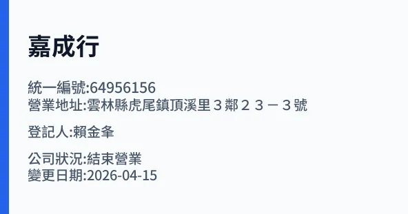 嘉成行的照片-統編 64956156(雲林縣) 公司登記資料與營業項目詳細圖表