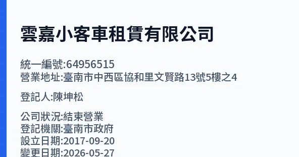 雲嘉小客車租賃有限公司的照片-統編 64956515(臺南市) 公司登記資料與營業項目詳細圖表