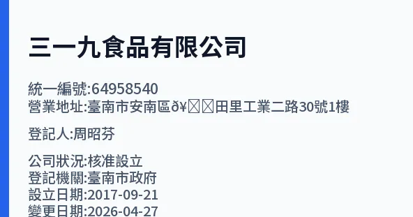 三一九食品有限公司的照片-統編 64958540(臺南市) 公司登記資料與營業項目詳細圖表