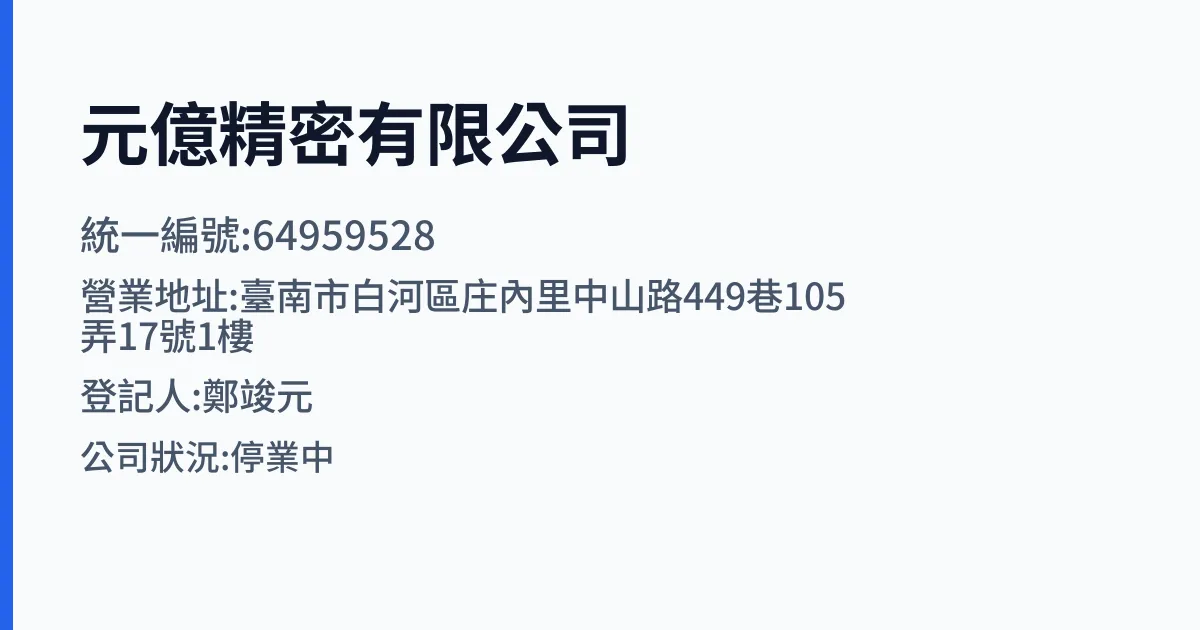 元億精密有限公司 - 統編 64959528(臺南市) 公司登記資料與營業項目詳細圖表