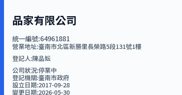 品家有限公司的照片-統編 64961881(臺南市) 公司登記資料與營業項目詳細圖表