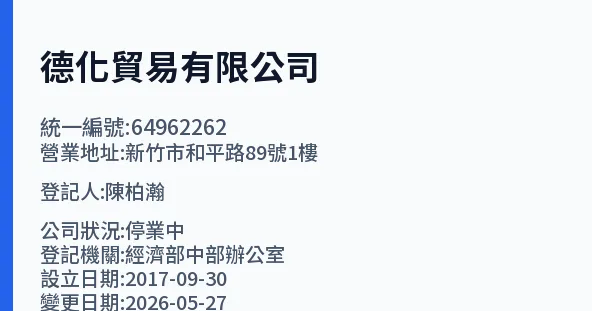德化貿易有限公司的照片-統編 64962262(新竹縣) 公司登記資料與營業項目詳細圖表