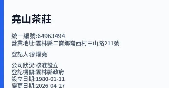 堯山茶莊的照片-統編 64963494(雲林縣) 公司登記資料與營業項目詳細圖表
