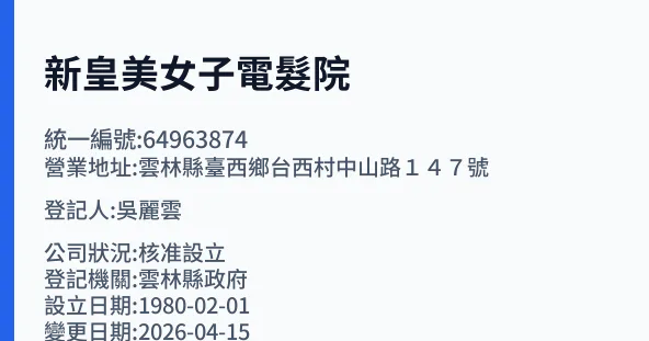 新皇美女子電髮院的照片-統編 64963874(雲林縣) 公司登記資料與營業項目詳細圖表