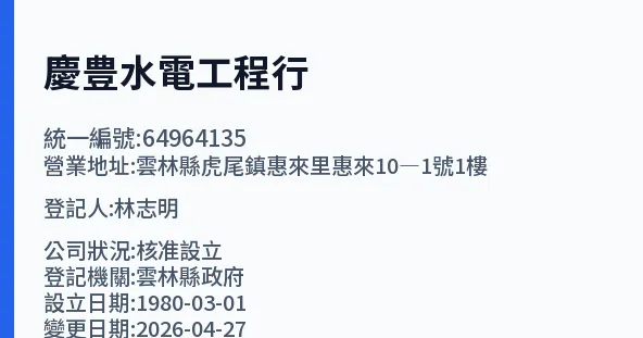 慶豊水電工程行的照片-統編 64964135(雲林縣) 公司登記資料與營業項目詳細圖表