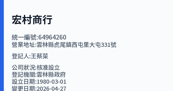 宏村商行的照片-統編 64964260(雲林縣) 公司登記資料與營業項目詳細圖表
