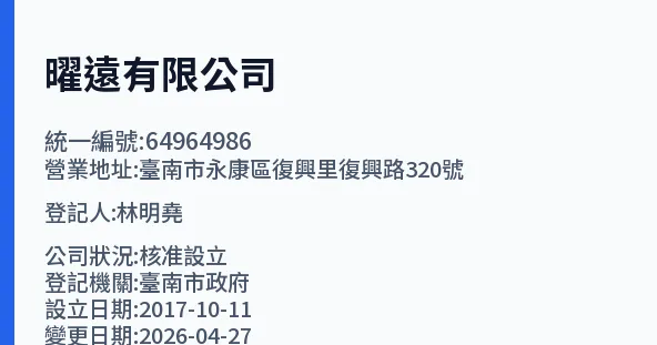 曜遠有限公司的照片-統編 64964986(臺南市) 公司登記資料與營業項目詳細圖表