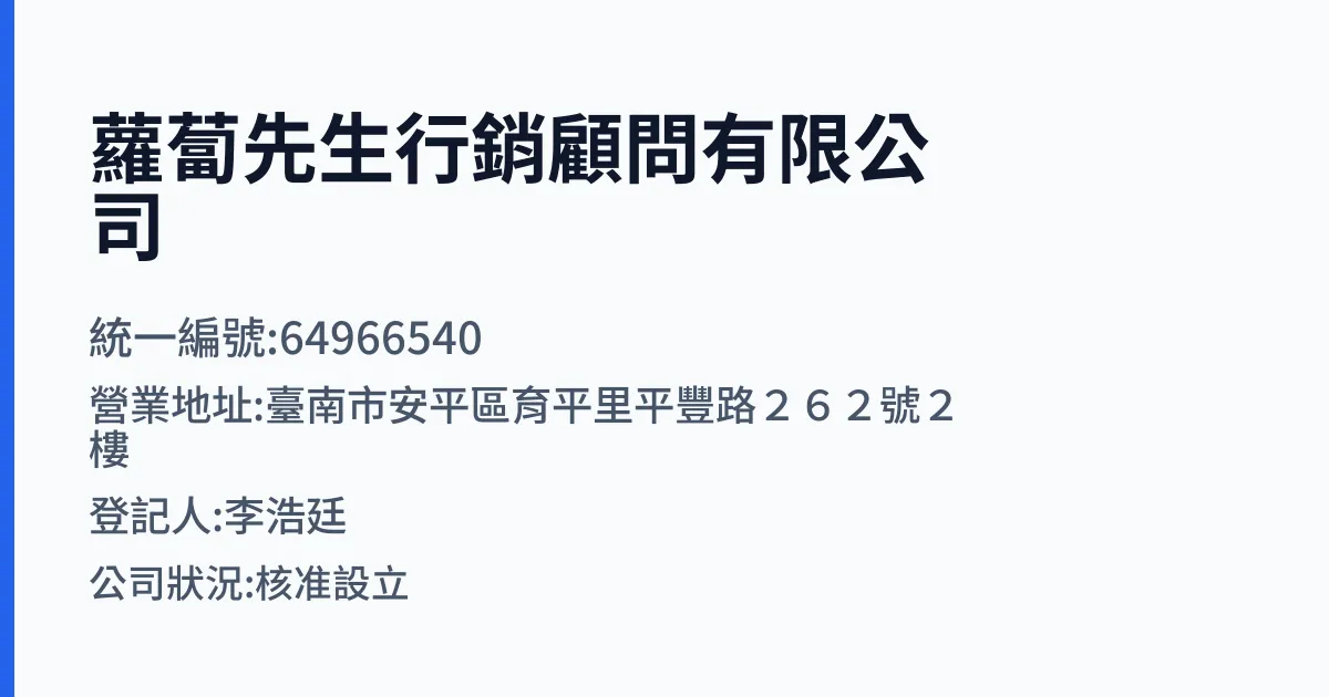 蘿蔔先生行銷顧問有限公司 - 統編 64966540(臺南市) 公司登記資料與營業項目詳細圖表