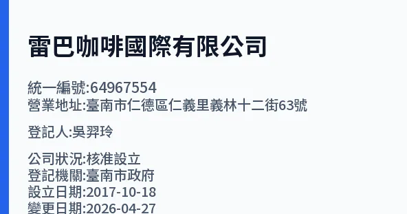 雷巴咖啡國際有限公司的照片-統編 64967554(臺南市) 公司登記資料與營業項目詳細圖表