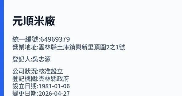 元順米廠的照片-統編 64969379(雲林縣) 公司登記資料與營業項目詳細圖表