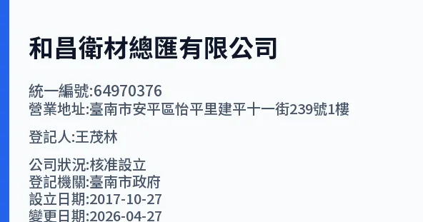 和昌衛材總匯有限公司的照片-統編 64970376(臺南市) 公司登記資料與營業項目詳細圖表
