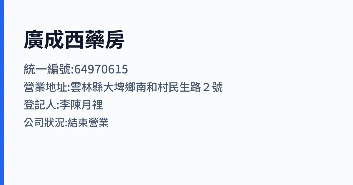 廣成西藥房 - 統編 64970615(雲林縣) 公司登記資料與營業項目詳細圖表