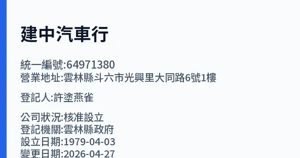 建中汽車行的照片-統編 64971380(雲林縣) 公司登記資料與營業項目詳細圖表