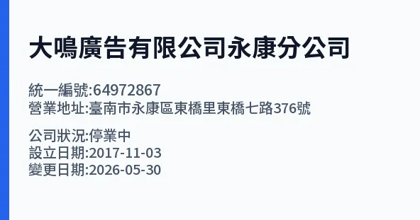 大鳴廣告有限公司永康分公司的照片-統編 64972867(臺南市) 公司登記資料與營業項目詳細圖表