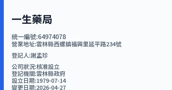 一生藥局的照片-統編 64974078(雲林縣) 公司登記資料與營業項目詳細圖表