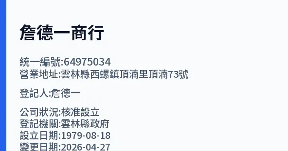 詹德一商行的照片-統編 64975034(雲林縣) 公司登記資料與營業項目詳細圖表