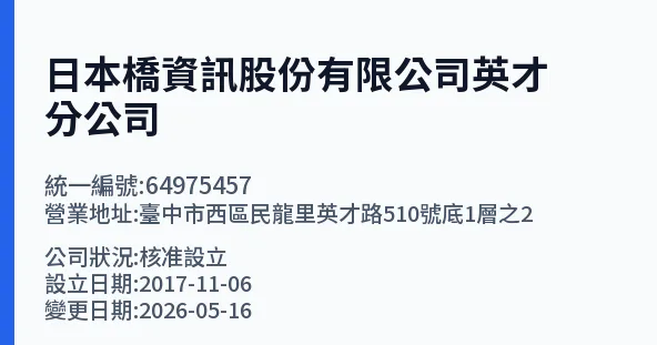 日本橋資訊股份有限公司英才分公司的照片-統編 64975457(臺中市) 公司登記資料與營業項目詳細圖表