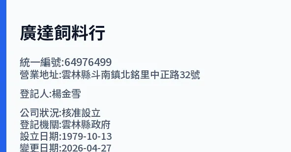 廣達飼料行的照片-統編 64976499(雲林縣) 公司登記資料與營業項目詳細圖表
