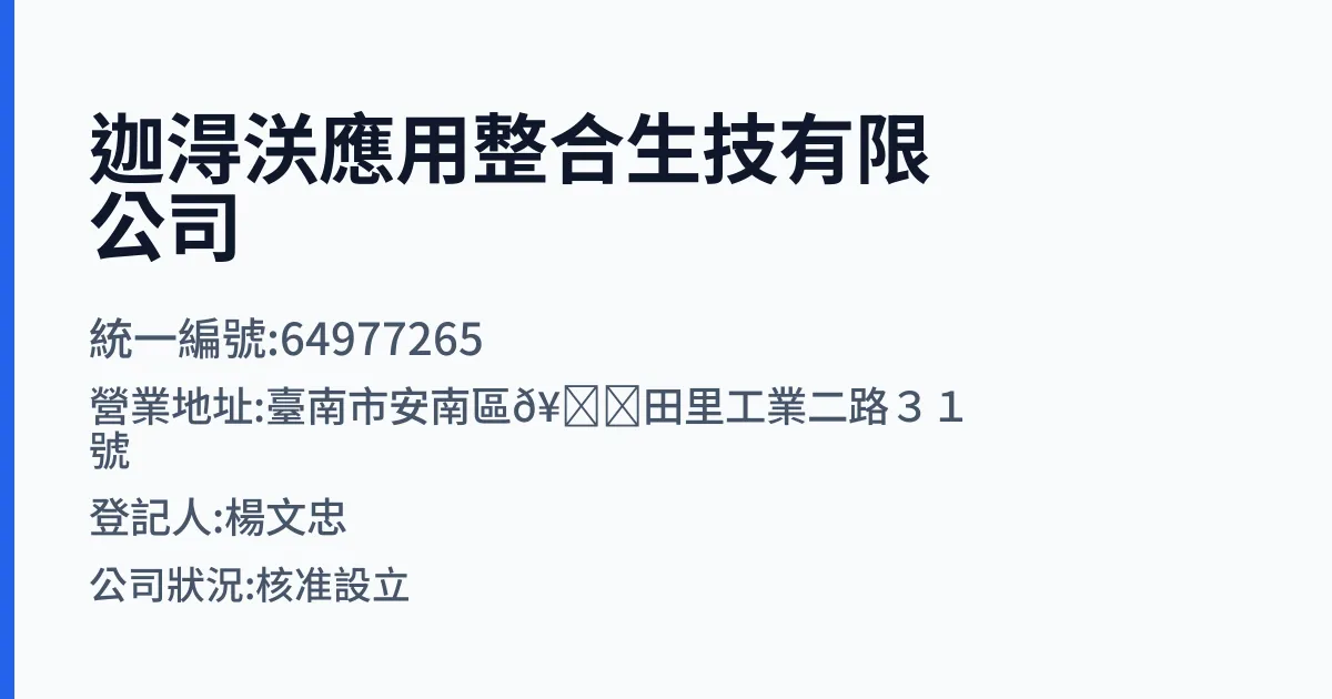 迦淂浂應用整合生技有限公司 - 統編 64977265(臺南市) 公司登記資料與營業項目詳細圖表