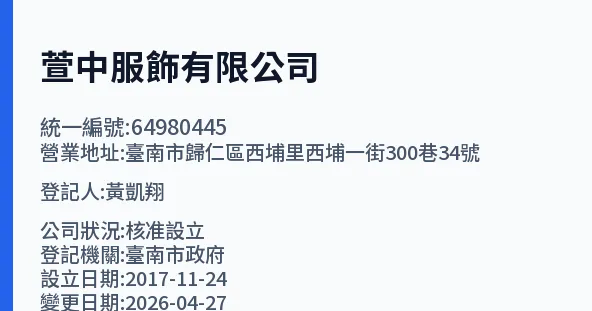 萱中服飾有限公司的照片-統編 64980445(臺南市) 公司登記資料與營業項目詳細圖表