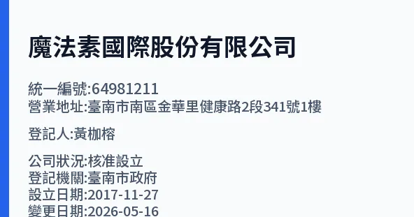 魔法素國際股份有限公司的照片-統編 64981211(臺南市) 公司登記資料與營業項目詳細圖表