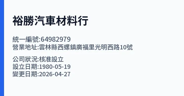 裕勝汽車材料行的照片-統編 64982979(雲林縣) 公司登記資料與營業項目詳細圖表