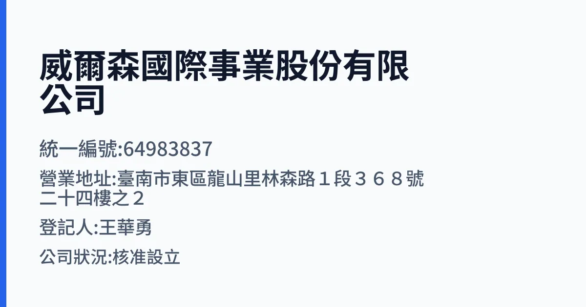 威爾森國際事業股份有限公司 - 統編 64983837(臺南市) 公司登記資料與營業項目詳細圖表