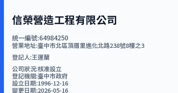信榮營造工程有限公司的照片-統編 64984250(臺中市) 公司登記資料與營業項目詳細圖表
