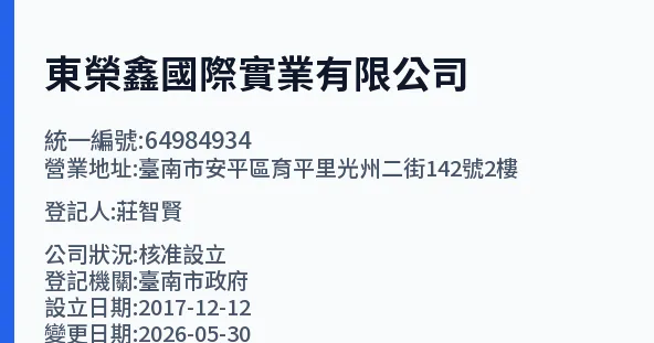 東榮鑫國際實業有限公司的照片-統編 64984934(臺南市) 公司登記資料與營業項目詳細圖表