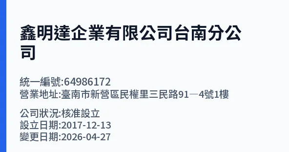 鑫明達企業有限公司台南分公司的照片-統編 64986172(臺南市) 公司登記資料與營業項目詳細圖表